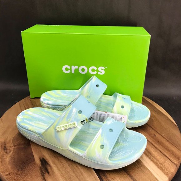 CROCS | Shoes | Crocs Marbled Pure Water Blue Slides Rubber Slip On ...